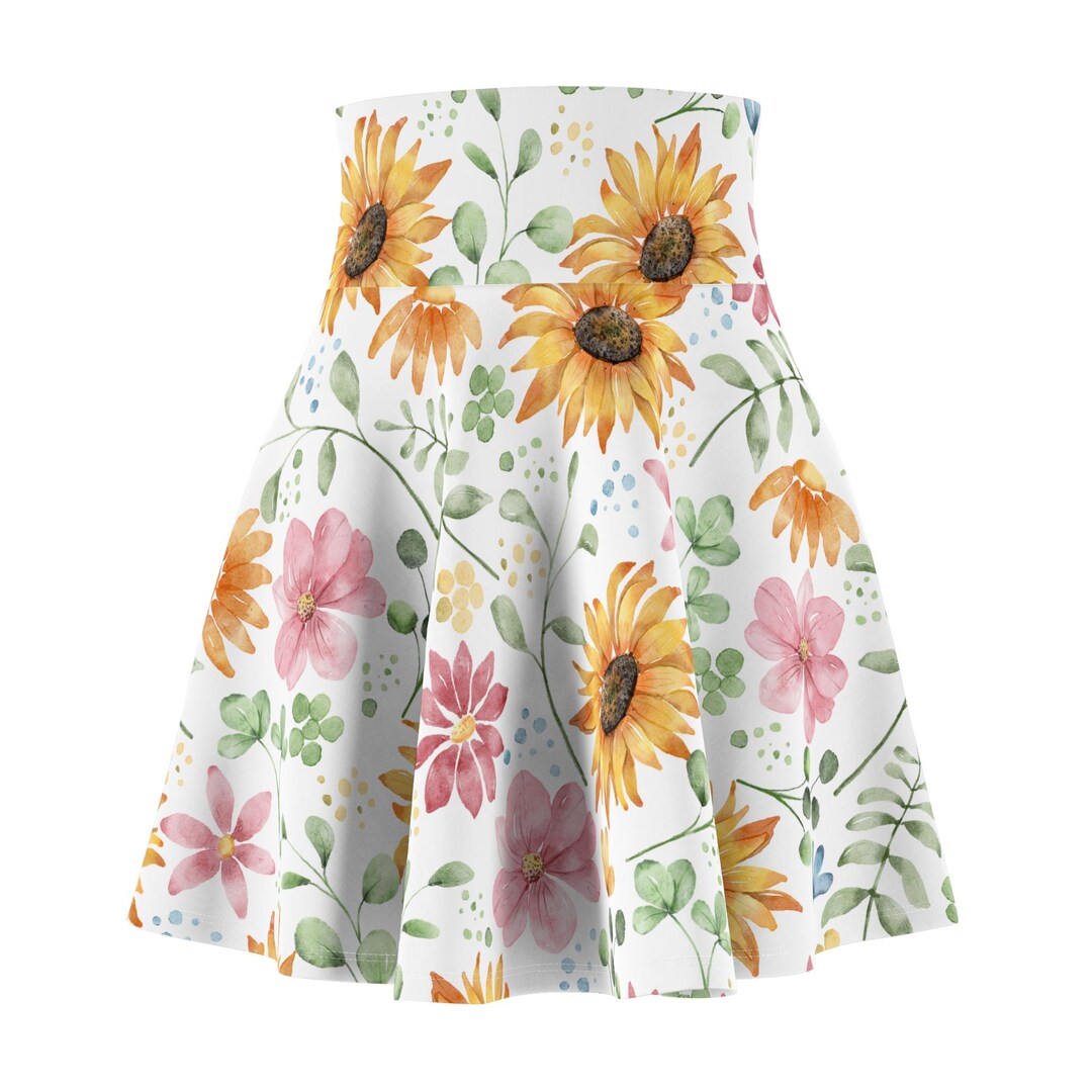 Floral Skater Skirt, Sunflower and Pink Flower Print, Women's A-line ...