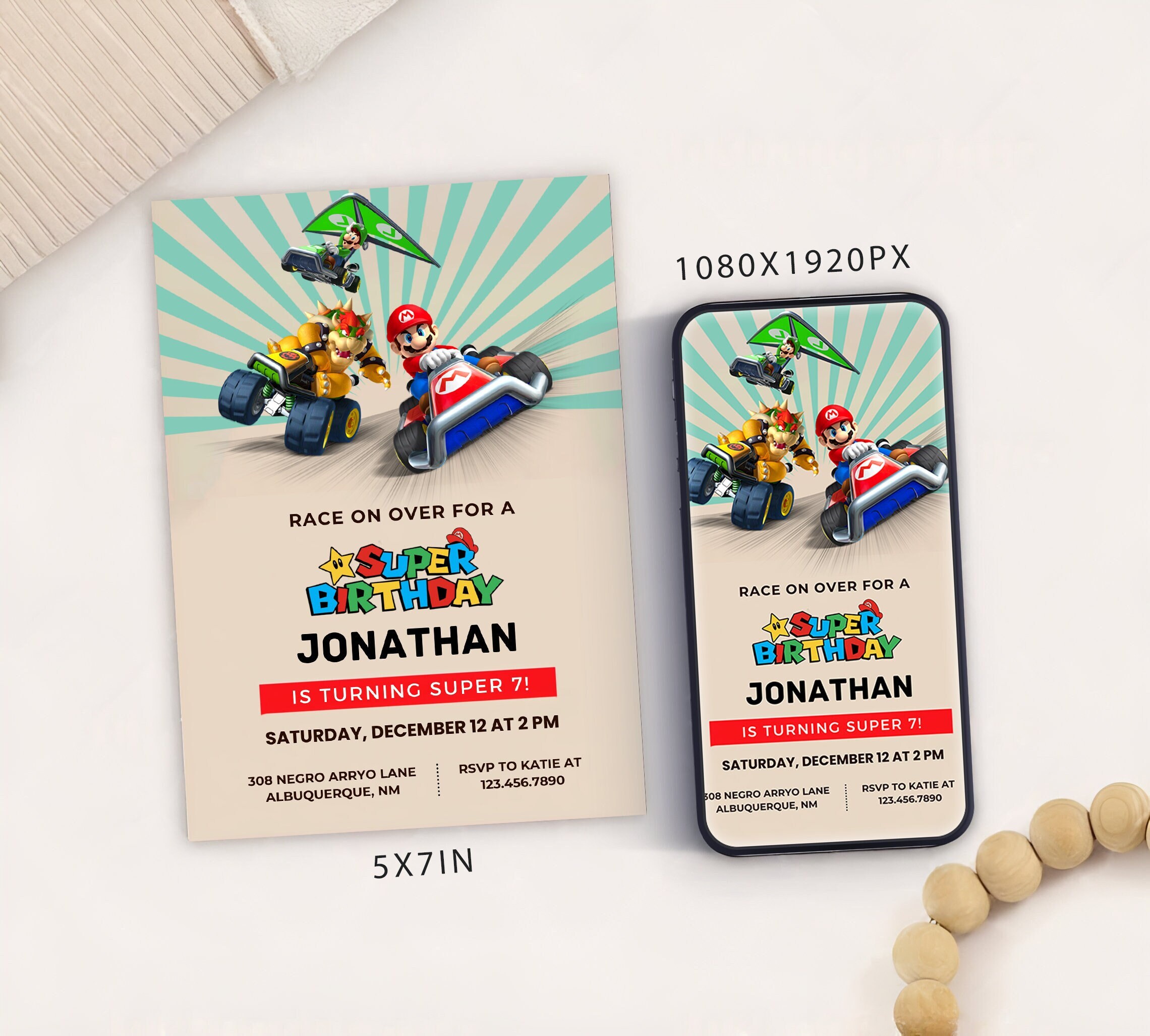 Mario Kart Birthday Party Invitation Card Template, Editable Kids ...