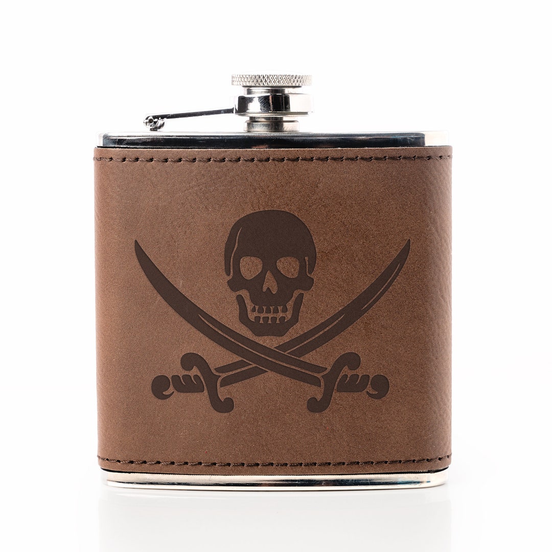 Jolly Roger Pirate Flask Travel Flask, Jolly Roger, Leather Flask ...