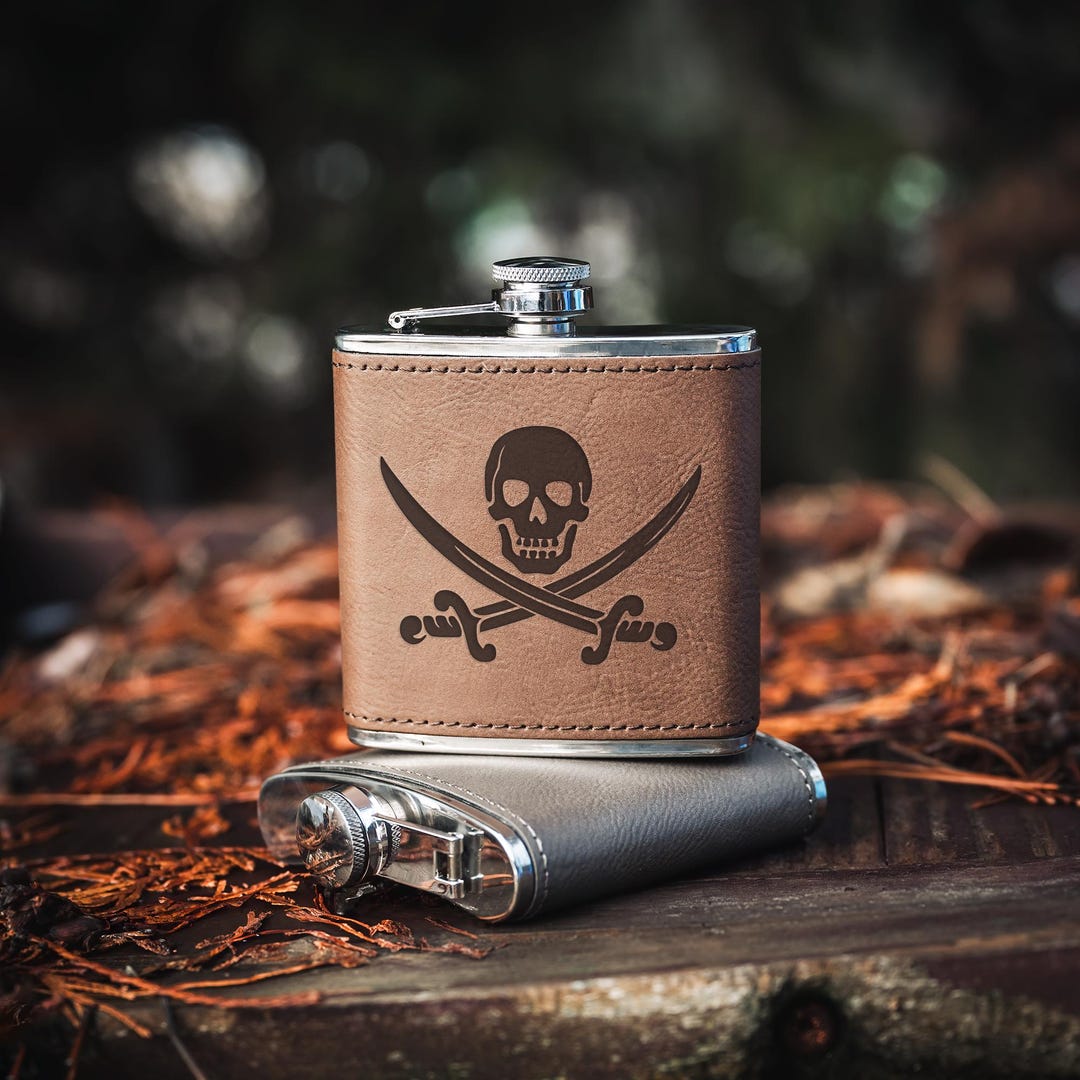 Jolly Roger Pirate Flask - Travel Flask, Jolly Roger, Leather Flask ...