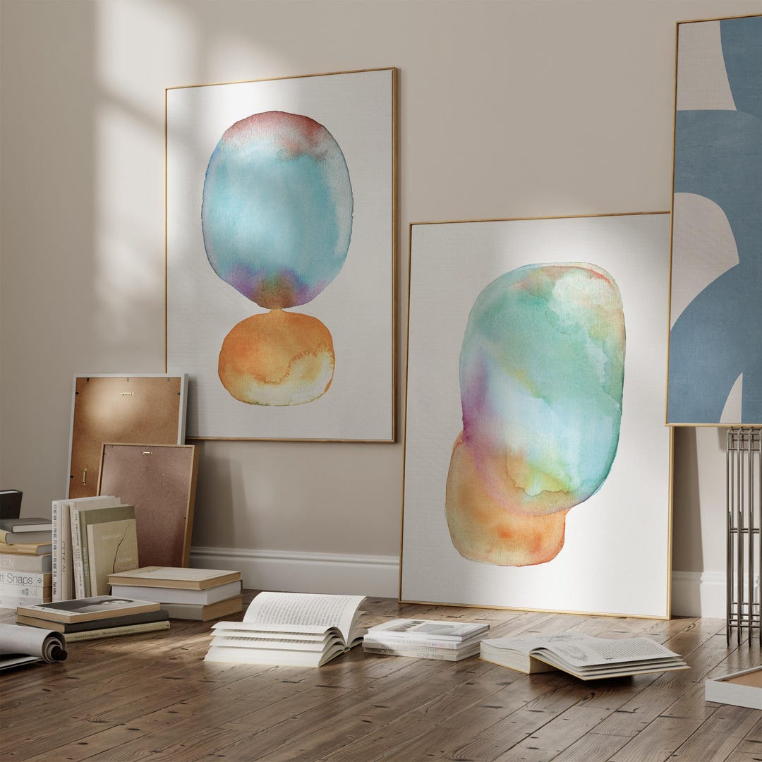 Modern Watercolor Set of 2 Ocher Yellow Turquoise Blue Minimalist ...