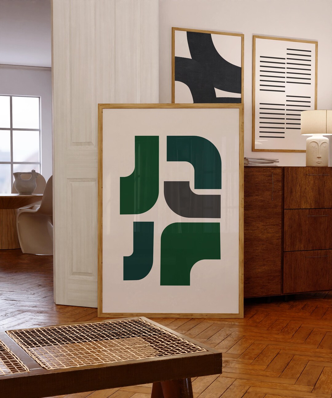 Mid Century Modern Geometric Art Print: Green Beige Abstract (digital ...
