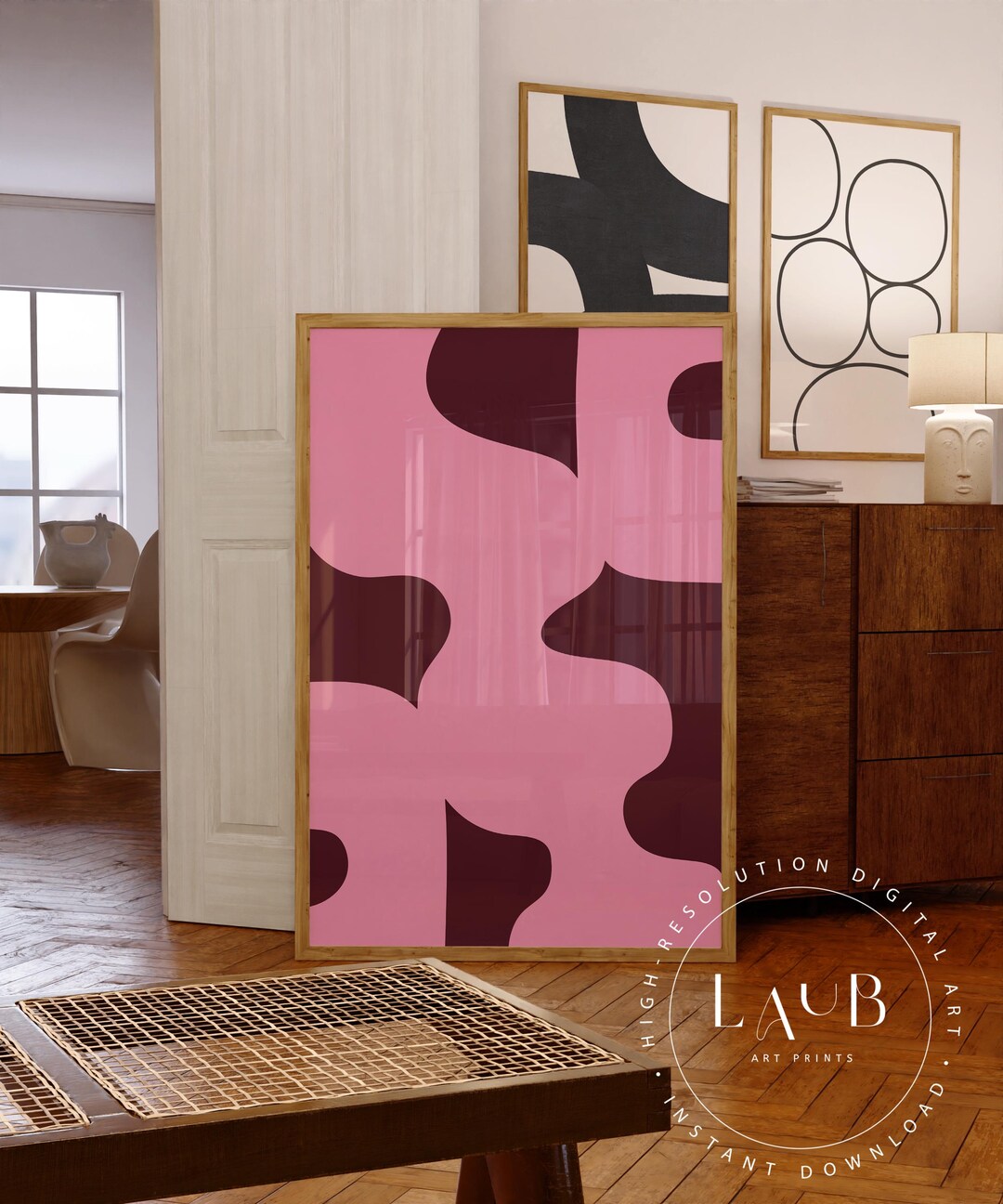 Mid-century Retro Dark Red Light Pink Minimalist Printable Wall Art ...