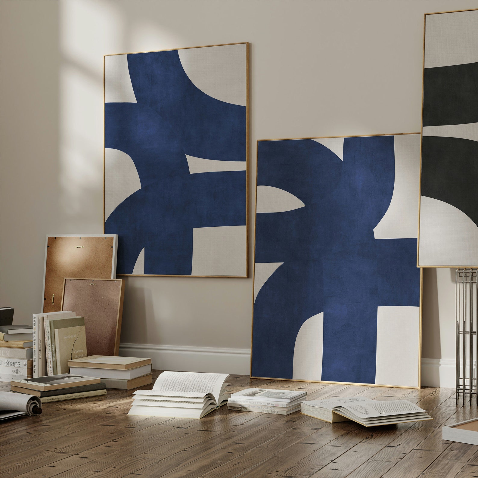 Mid-century Modern Indigo Blue Art Print Set: Minimalist Organic Lines ...