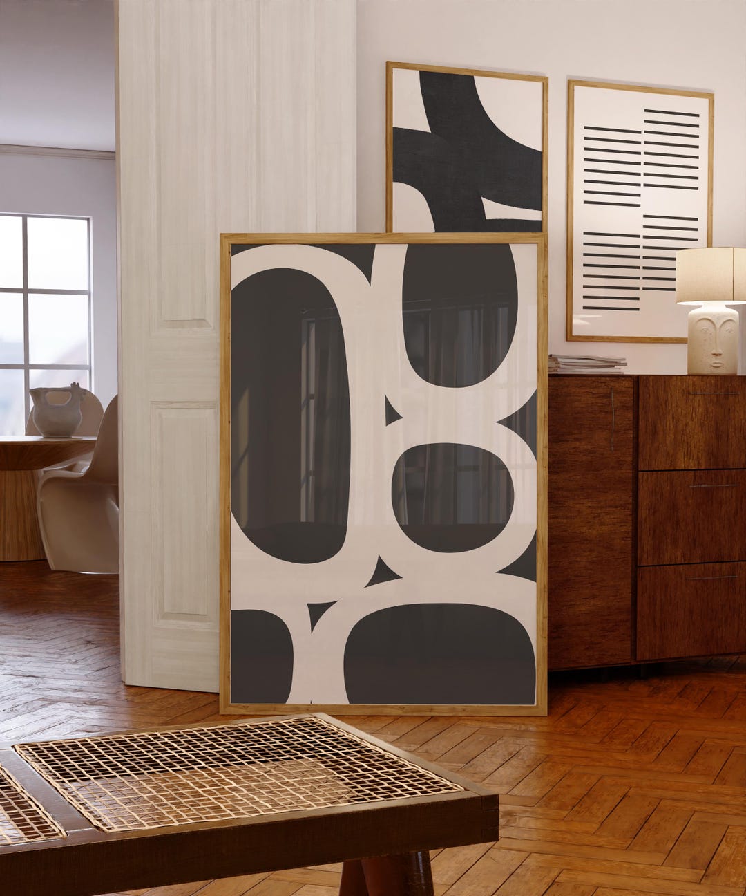 Mid Century Modern Circle Art Print: Black Beige Organic Shapes ...