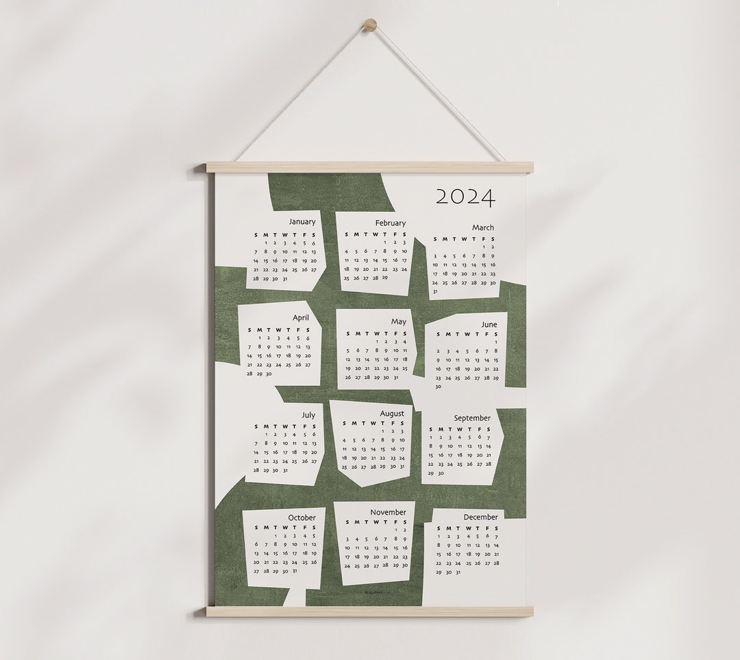 Wall Art Calendar Year 2024 Begins Sunday and Monday Mid-century Green ...