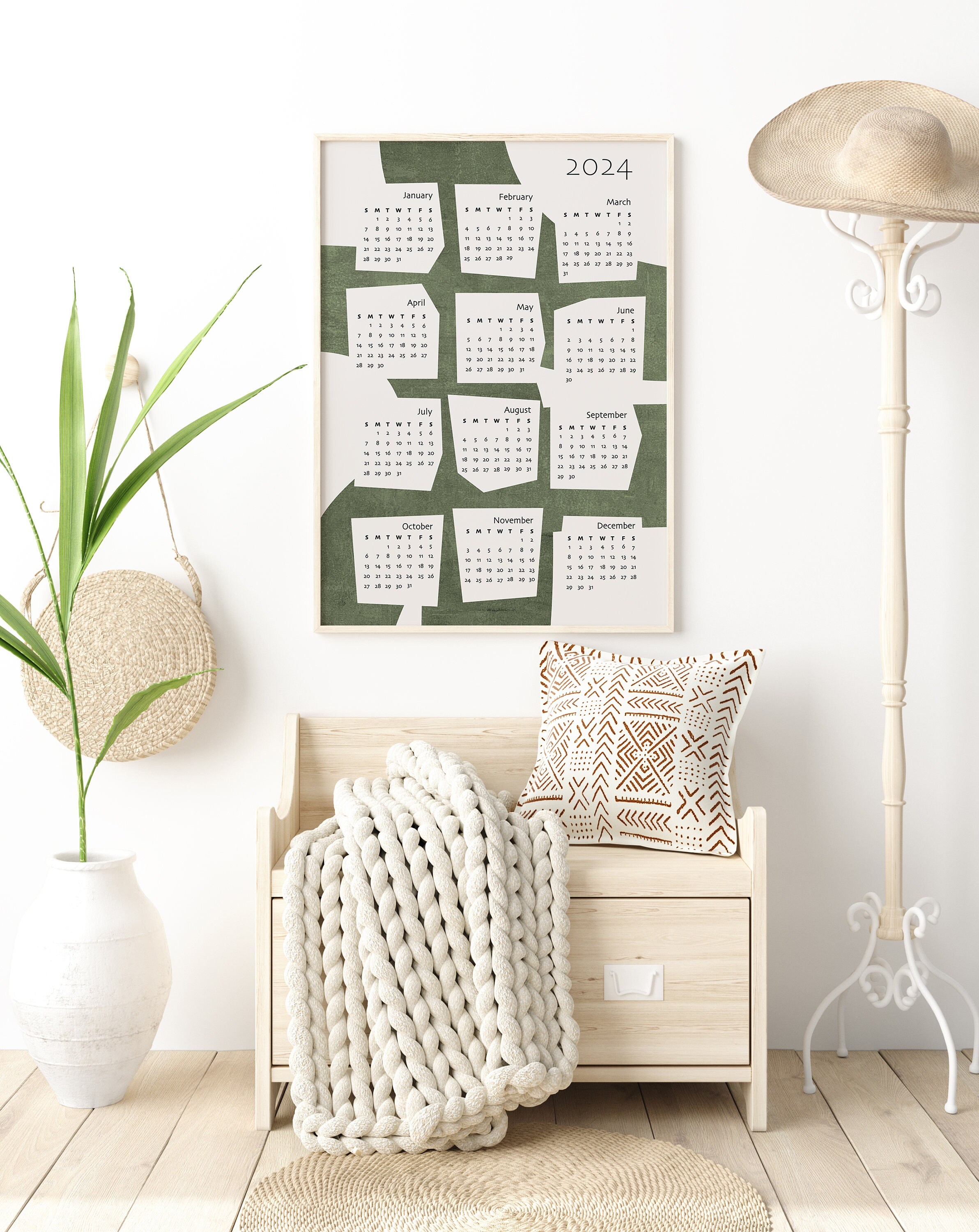 Wall Art Calendar Year 2024 Begins Sunday and Monday Mid-century Green Organic Lines Modern ...