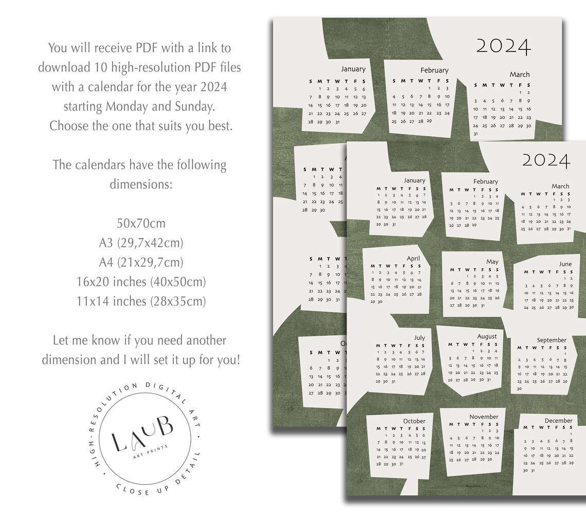 Wall Art Calendar Year 2024 Begins Sunday and Monday Mid-century Green ...