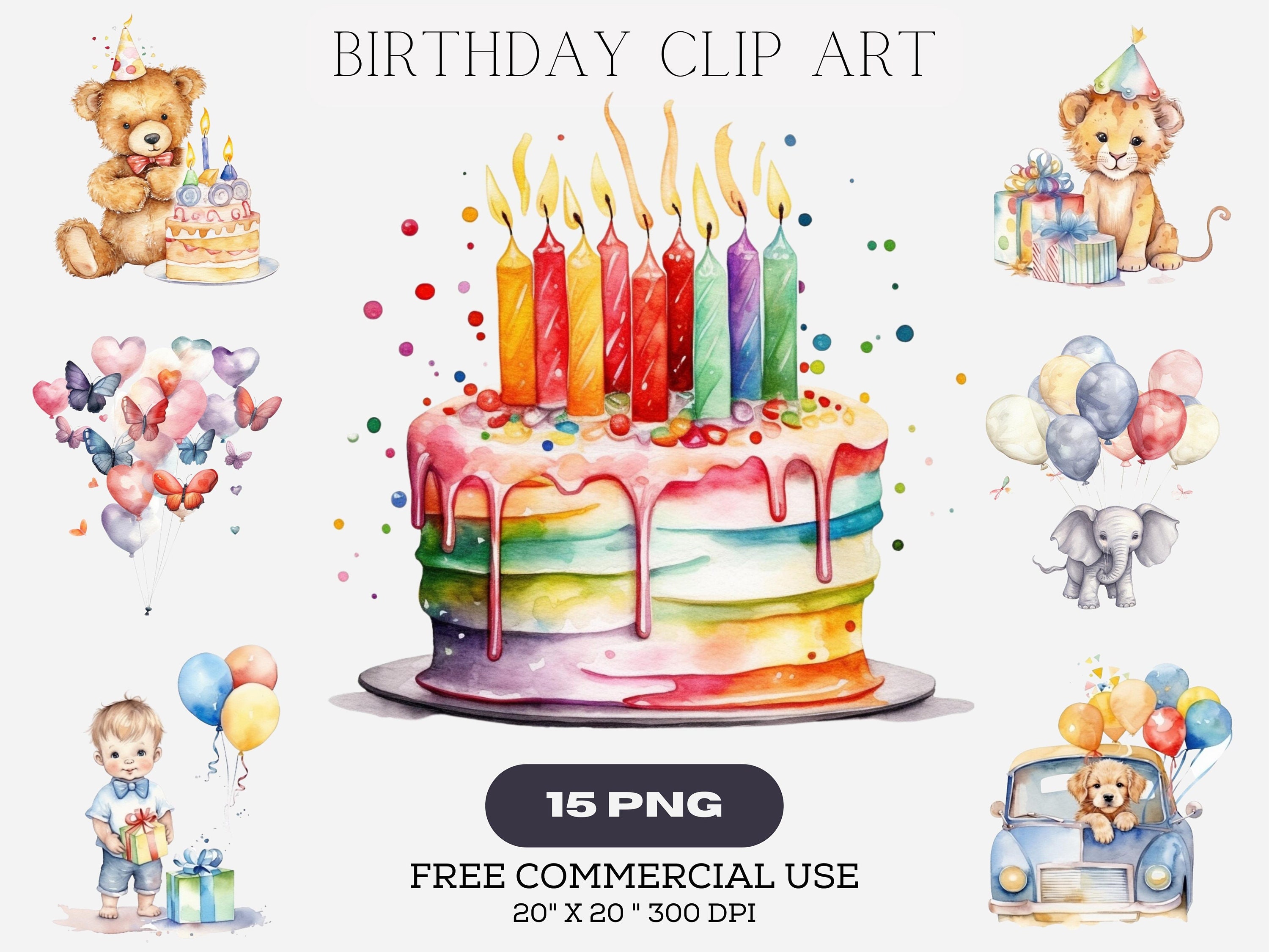 Watercolor Clipart Birthday, Children Shower, Presents Clipart, Flags ...