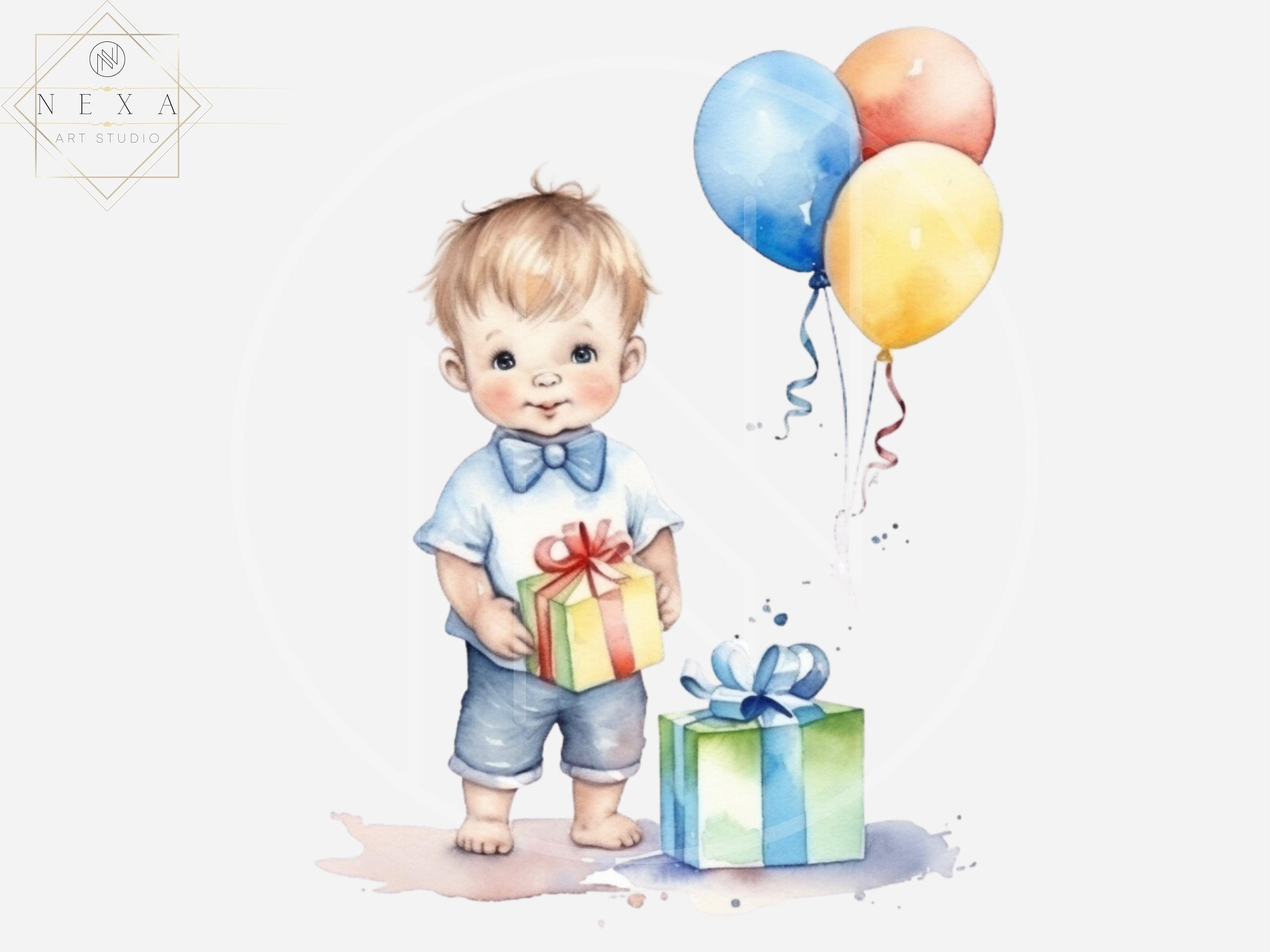 Watercolor Clipart Birthday, Children Shower, Presents Clipart, Flags ...