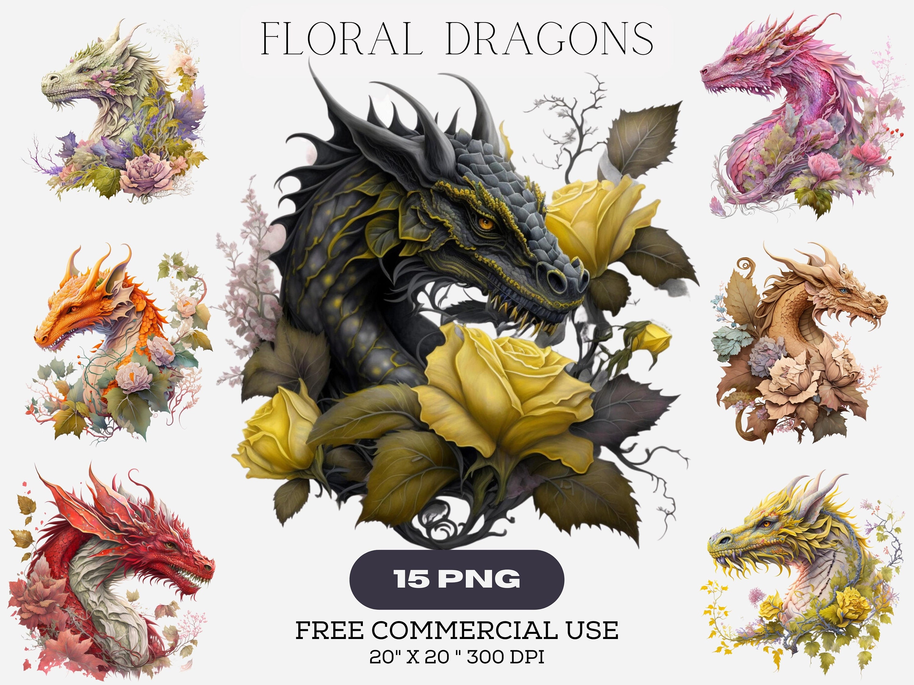 Floral Dragons Clipart, 15 High Quality Pngs, Digital Planner, Junk ...
