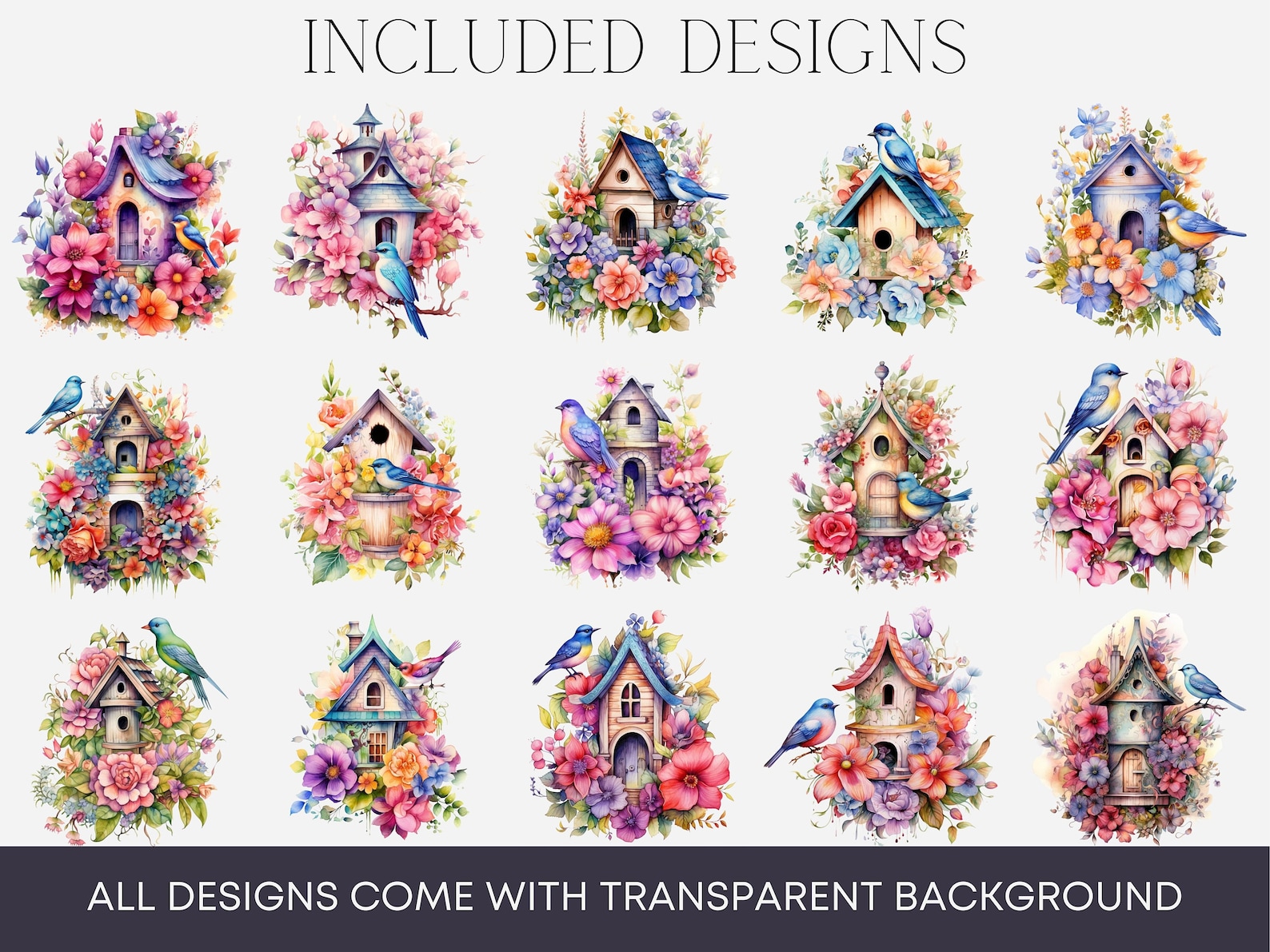 Watercolor Bird Houses Clipart, Springtime Cute Birdhouses and Blossoms ...