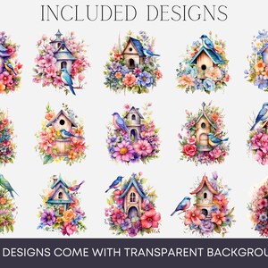 Watercolor Bird Houses Clipart, Springtime Cute Birdhouses and Blossoms ...