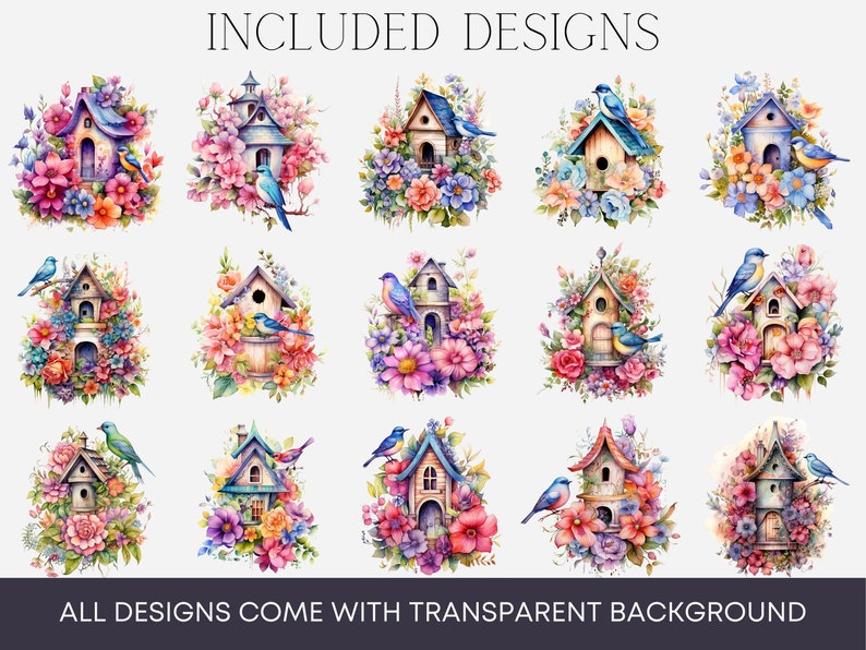 Watercolor Bird Houses Clipart, Springtime Cute Birdhouses and Blossoms ...