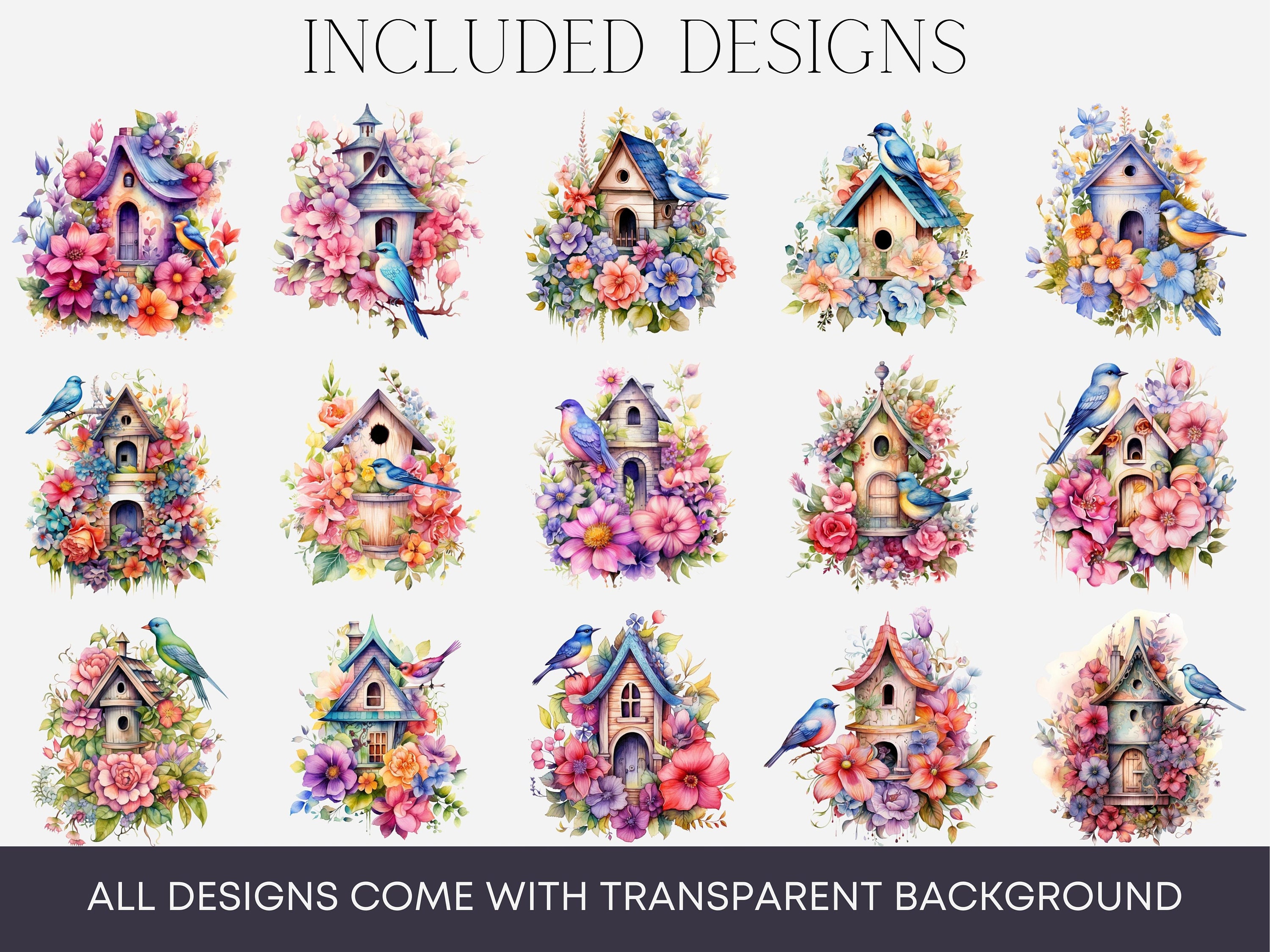 Watercolor Bird Houses Clipart, Springtime Cute Birdhouses and Blossoms ...