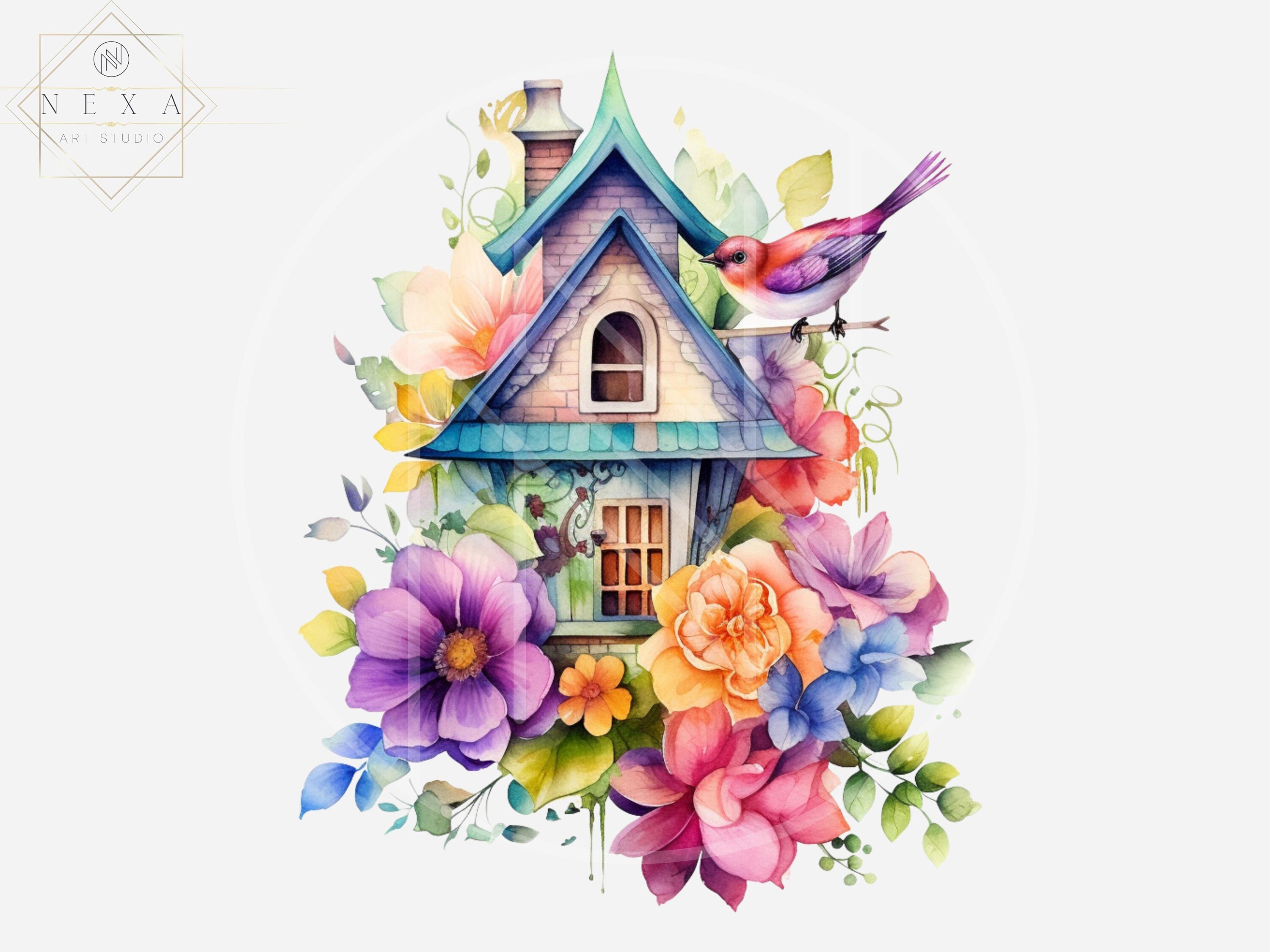 Watercolor Bird Houses Clipart, Springtime Cute Birdhouses and Blossoms ...