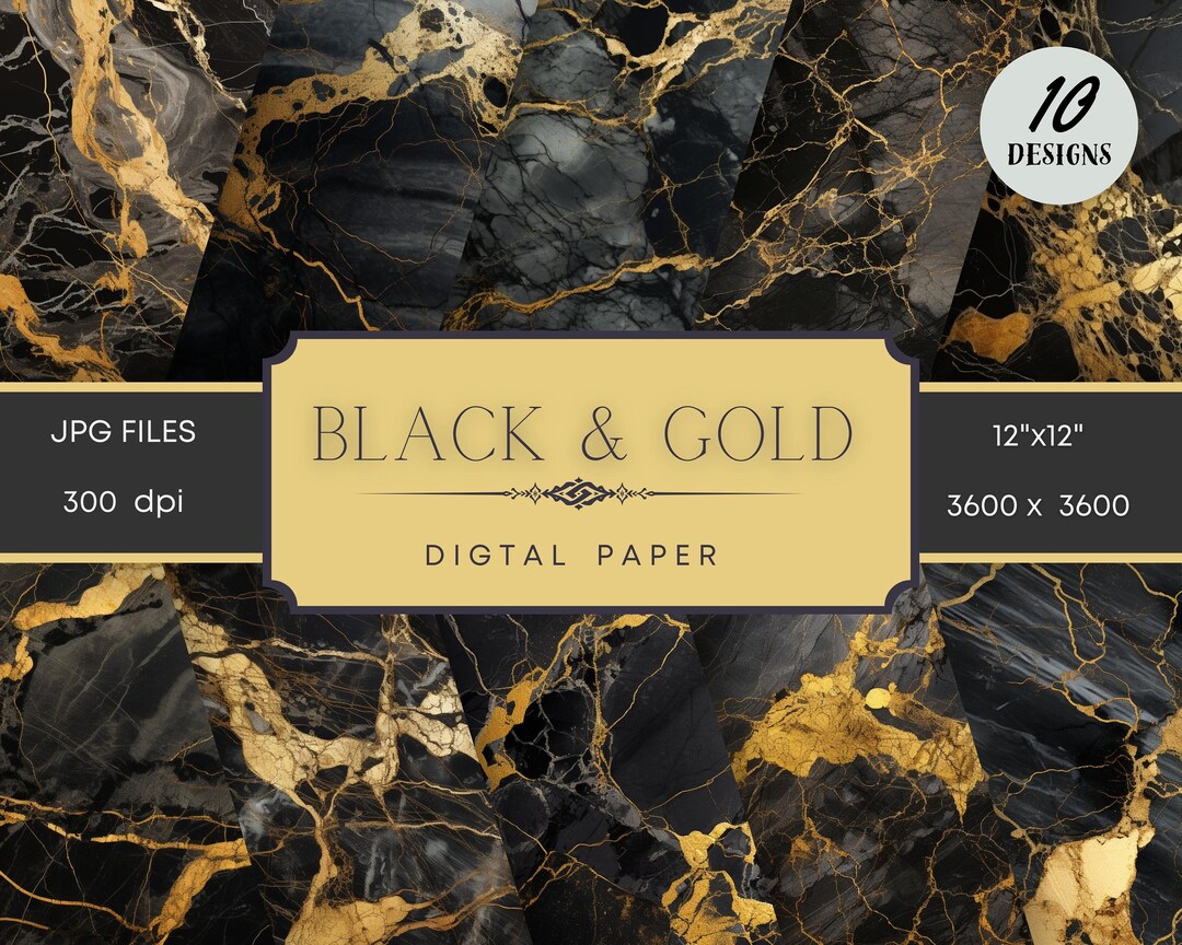 Black and Gold Marble Digital Paper for Commercial Use in Wedding ...
