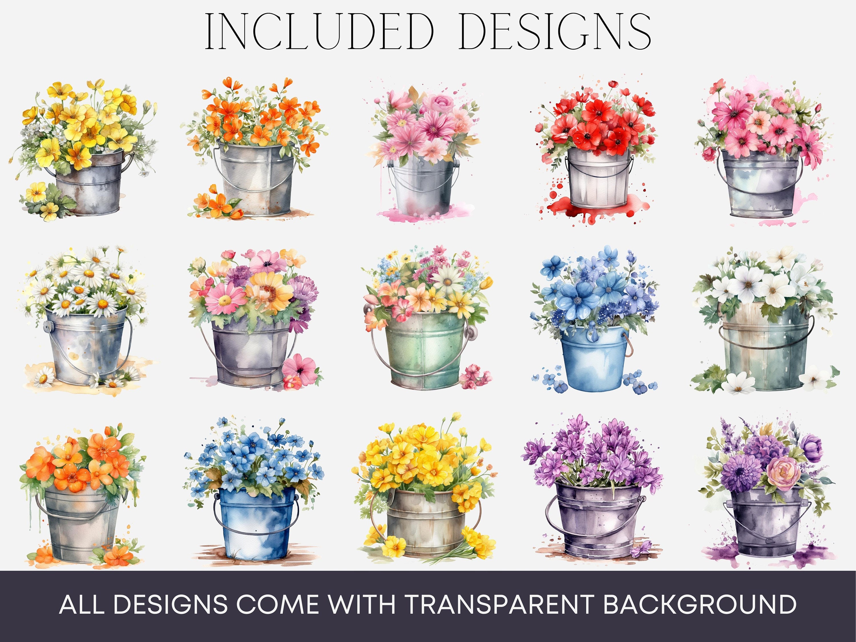 Watercolor Flower Bucket Clipart Floral Wildflower Digital - Etsy