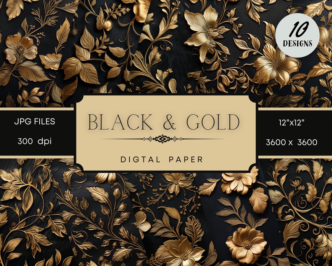 Black and Gold Digital Paper, Black and Gold Scrapbook Paper,leaves ...