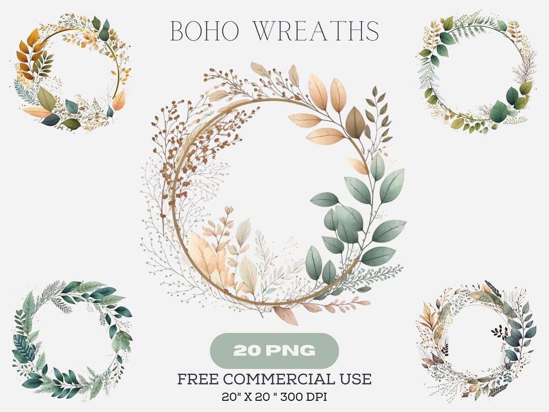Watercolor Bohemian Wreath Clipart Boho Frame PNG Neutral Pampas ...