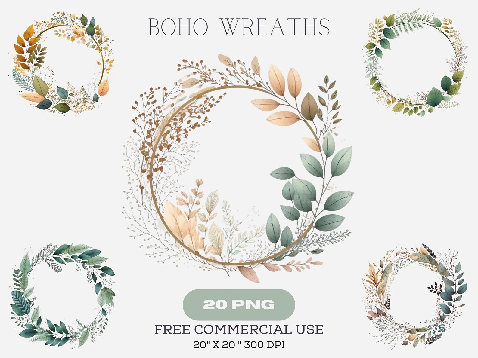 Watercolor Bohemian Wreath Clipart Boho Frame PNG Neutral Pampas ...
