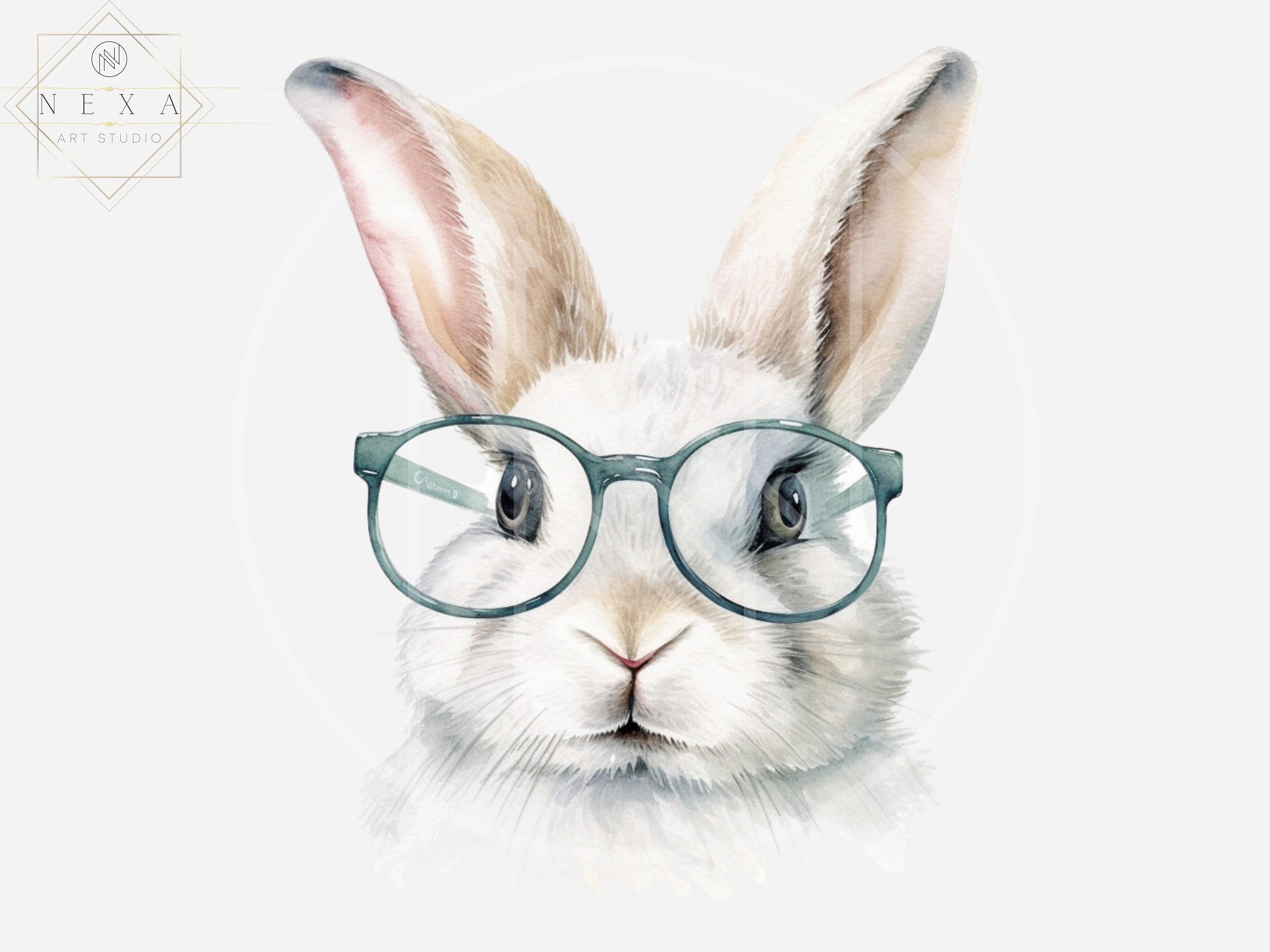 Watercolor Cute Bunny With Glasses Art for Paper Crafting, Digital ...