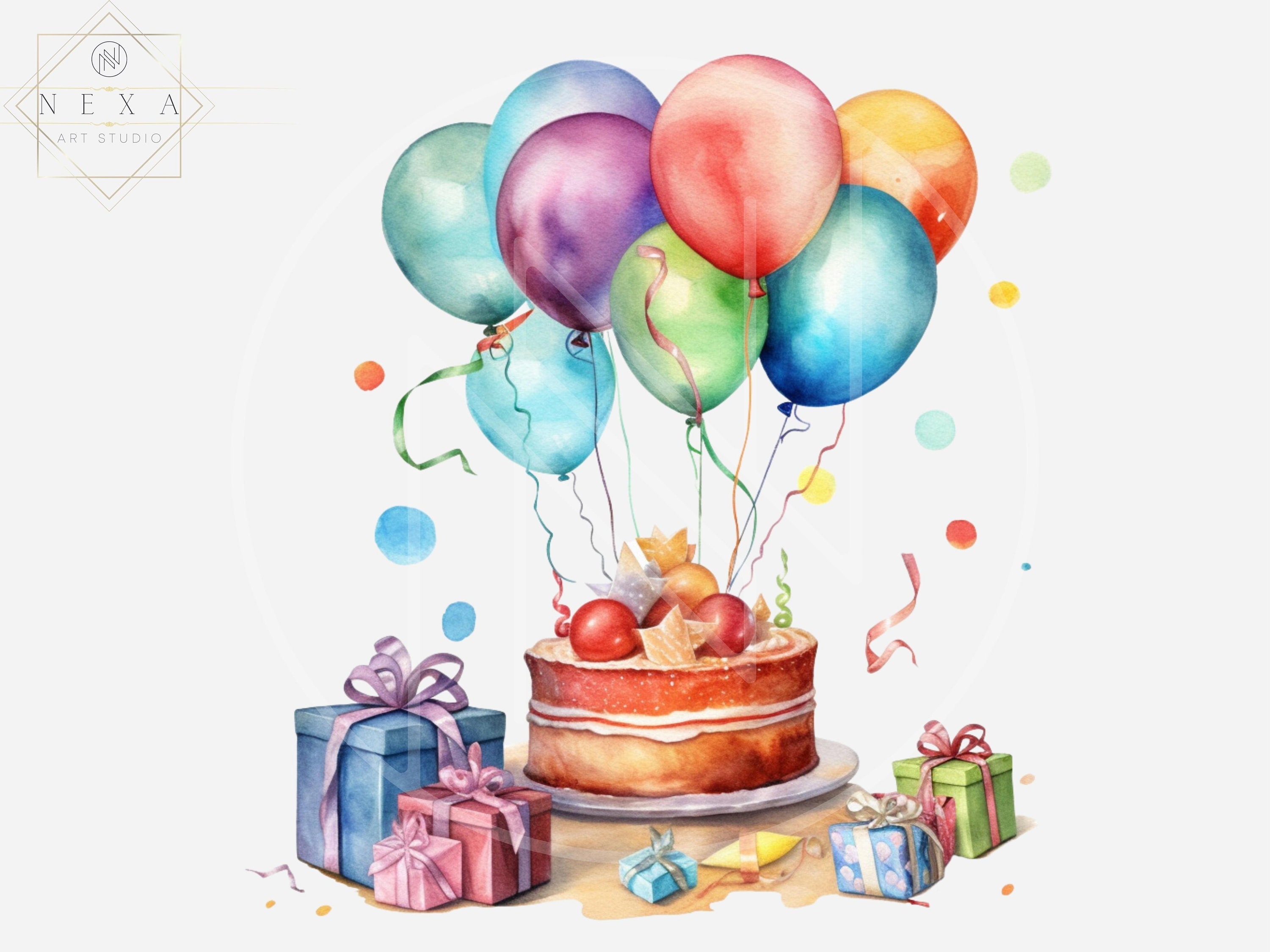 Watercolor Clipart Birthday, Children Shower, Presents Clipart, Flags ...