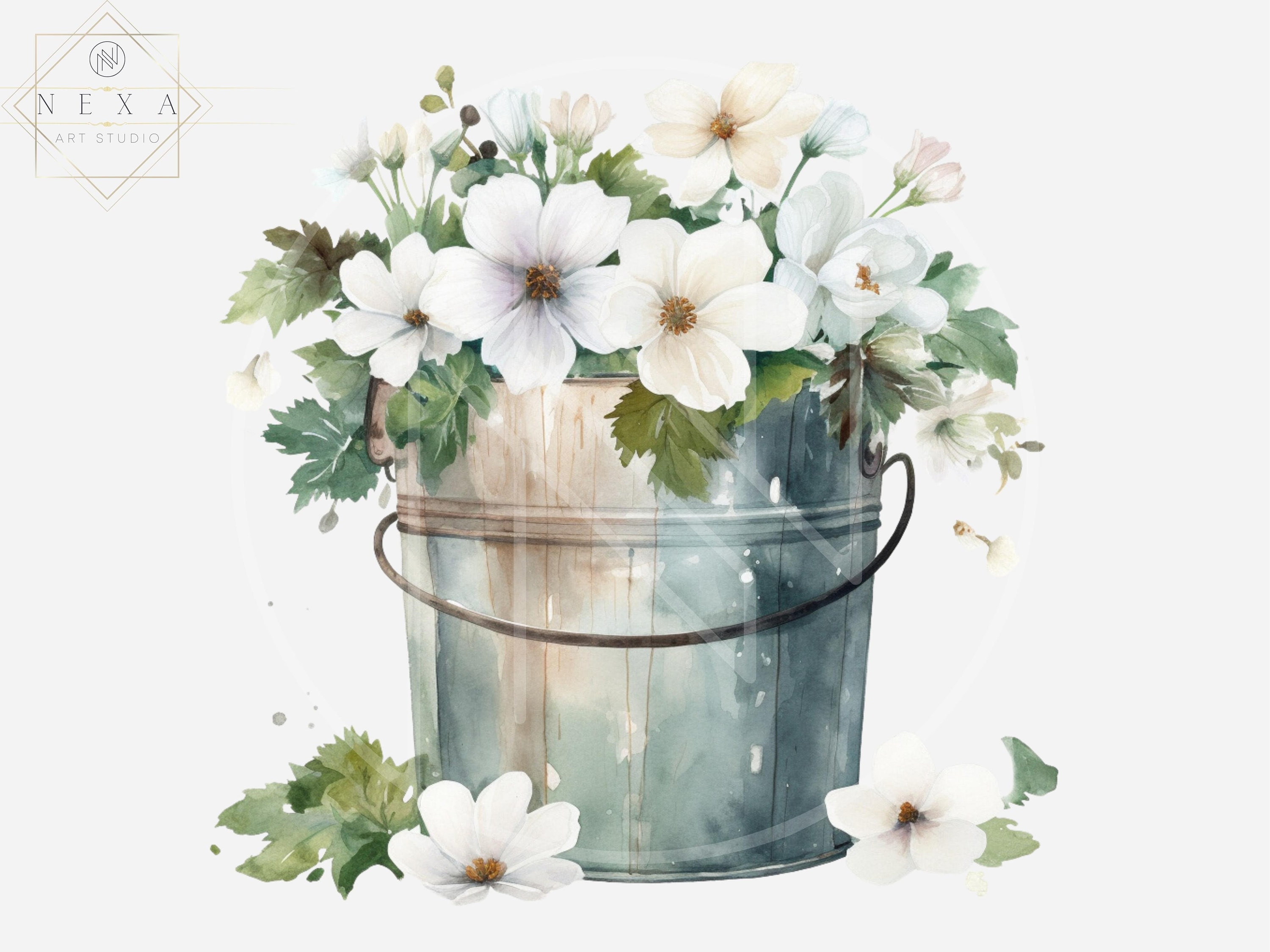 Watercolor Flower Bucket Clipart Floral Wildflower Digital - Etsy