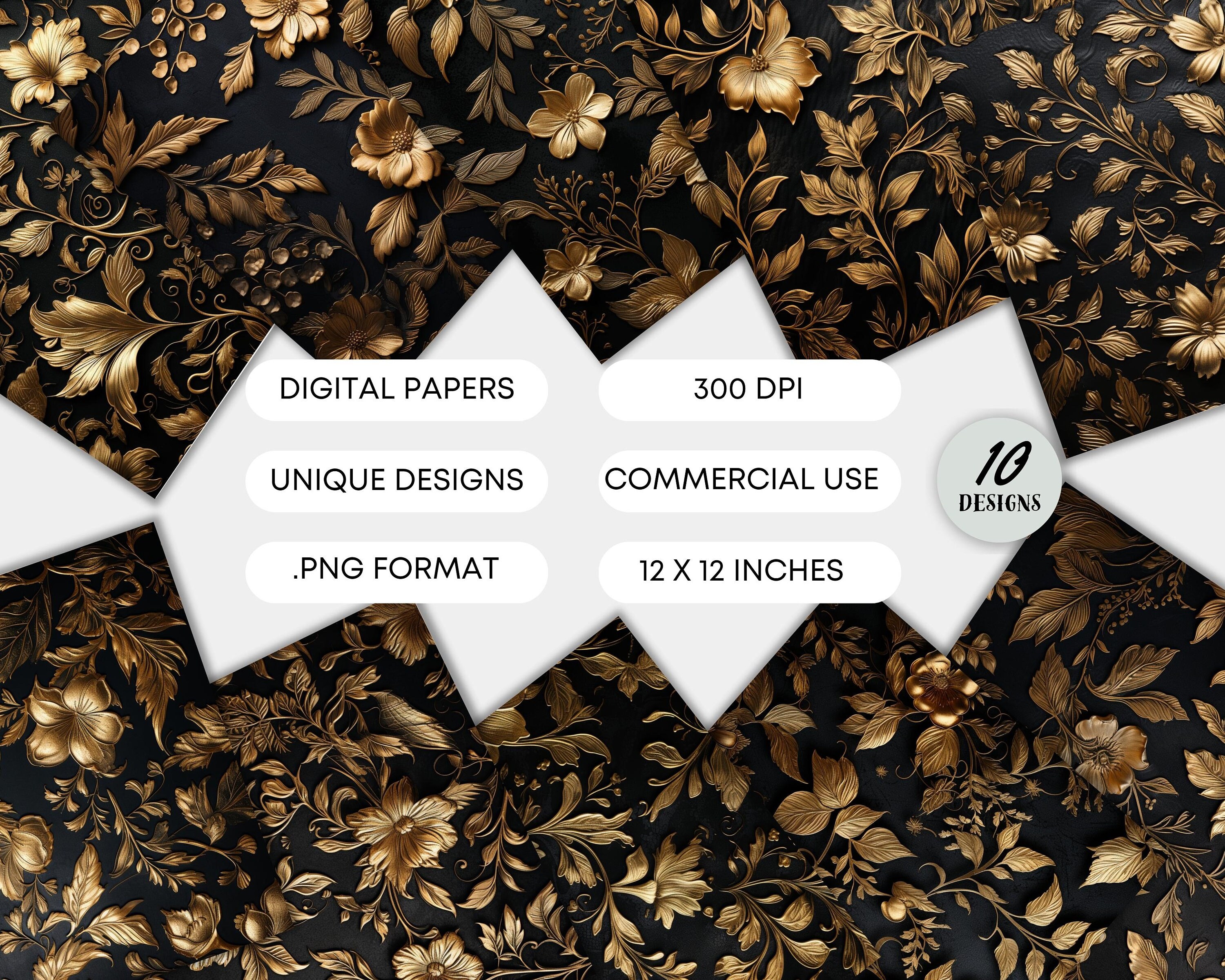Black and Gold Digital Paper, Black and Gold Scrapbook Paper,leaves ...