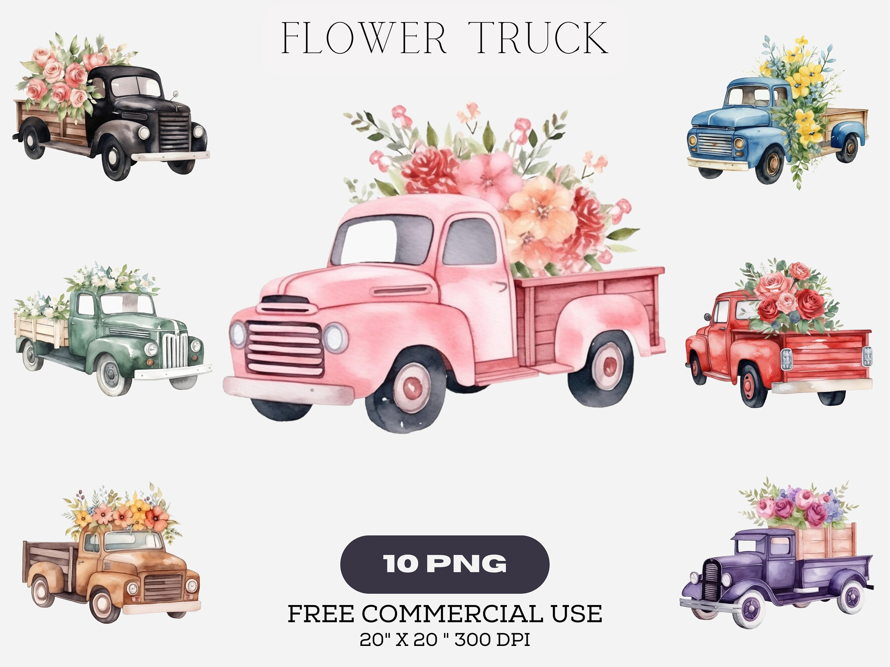 Watercolor Flower Truck Clipart, Pink Truck, Vintage F150 Clipart ...