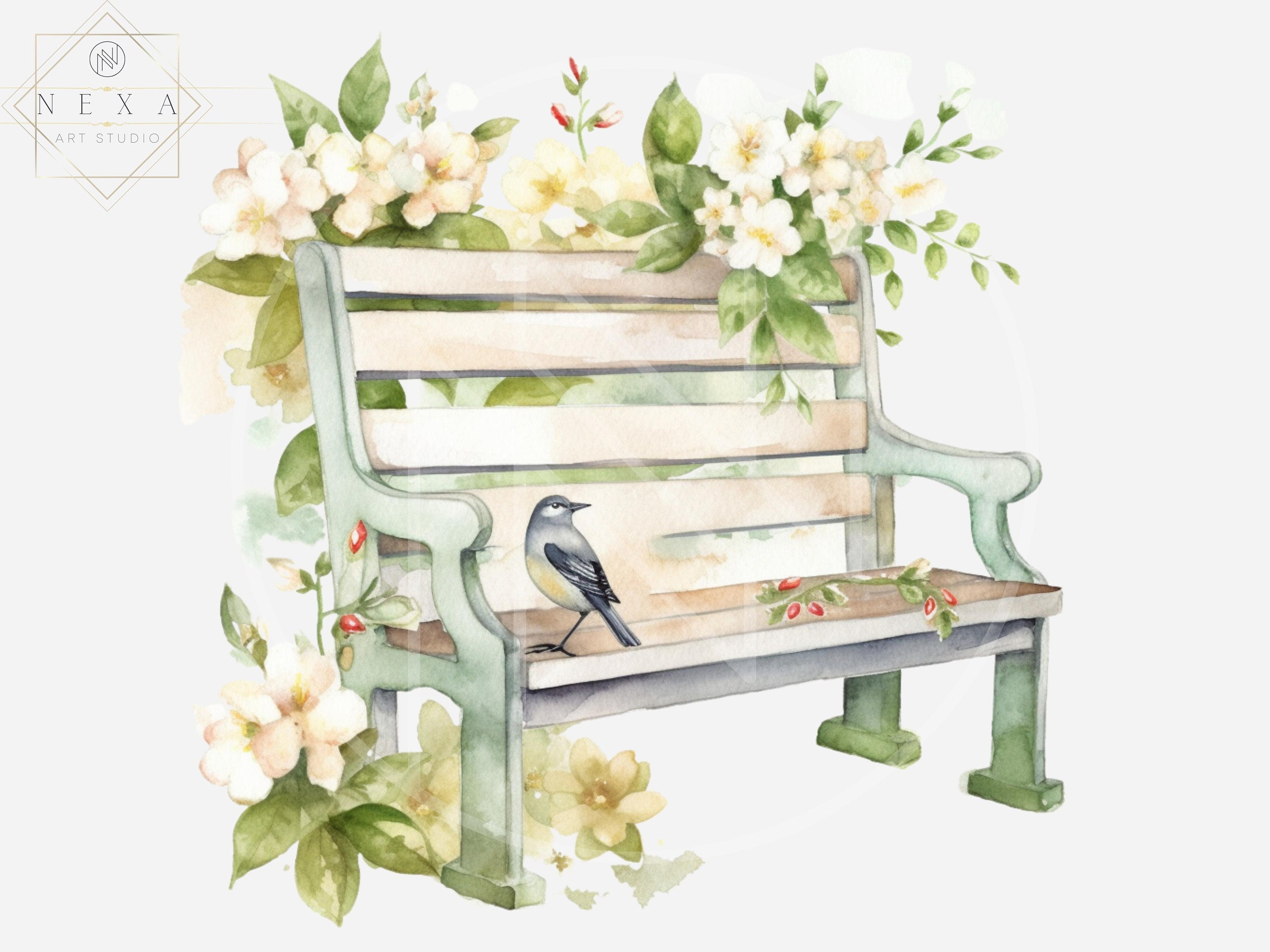 Spring Benches Clipart, Cottage Clip Art, PNG, Digital Watercolor, Free ...