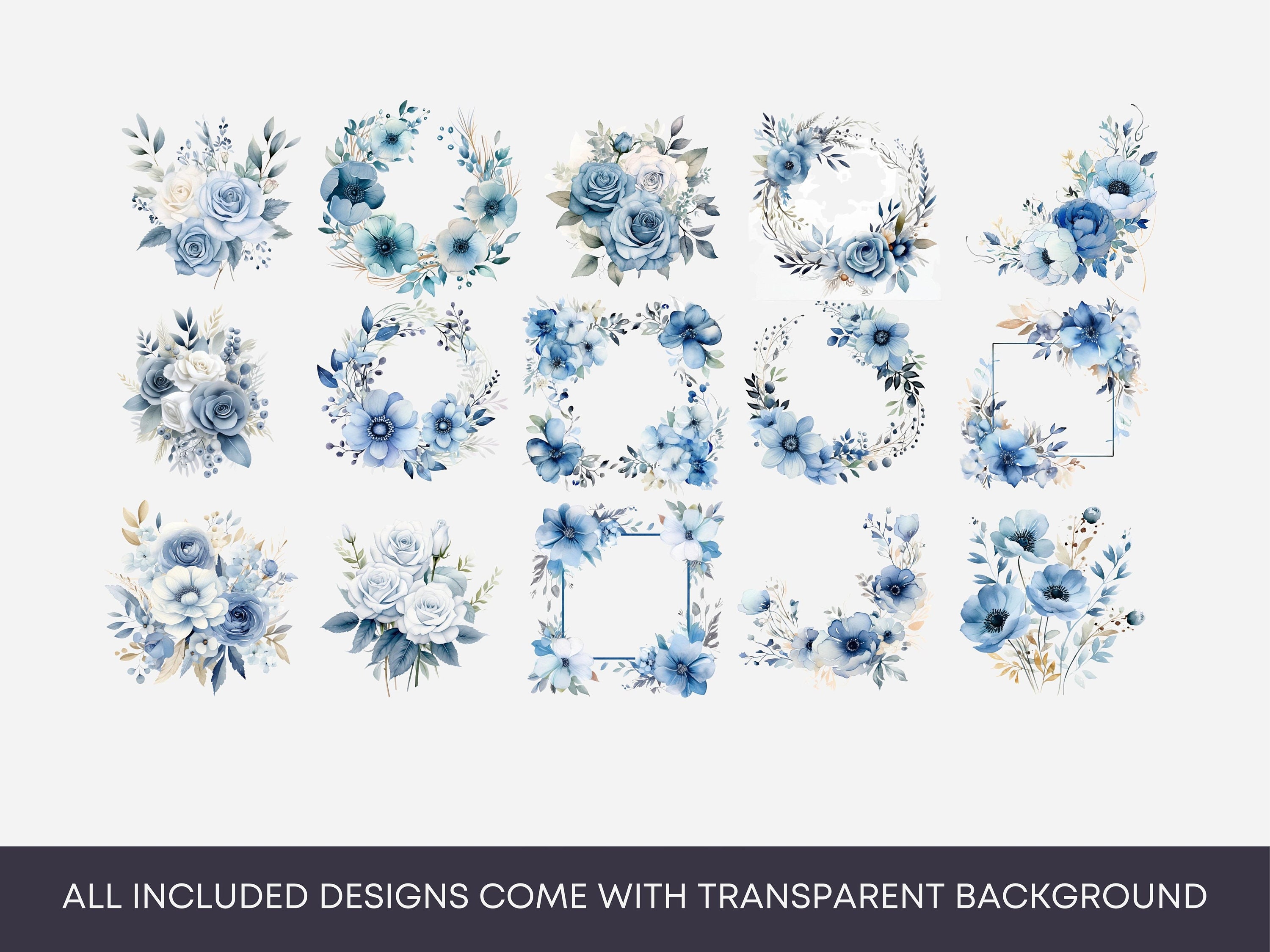 Dusty Blue Flowers Clipart, Blue Flowers PNG, Watercolor Floral Clipart ...