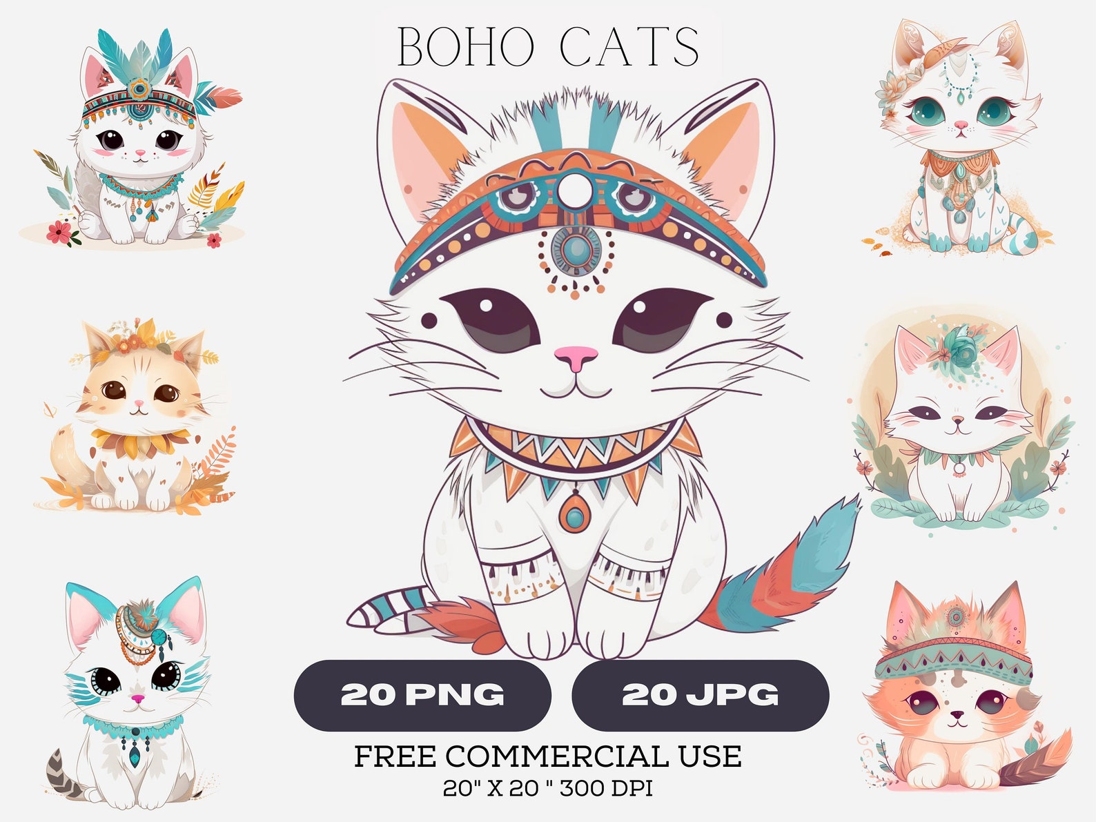 Boho Cats Clipart Cute Kitten Clip Art, Boho Cat Clipart, Boho Clipart ...