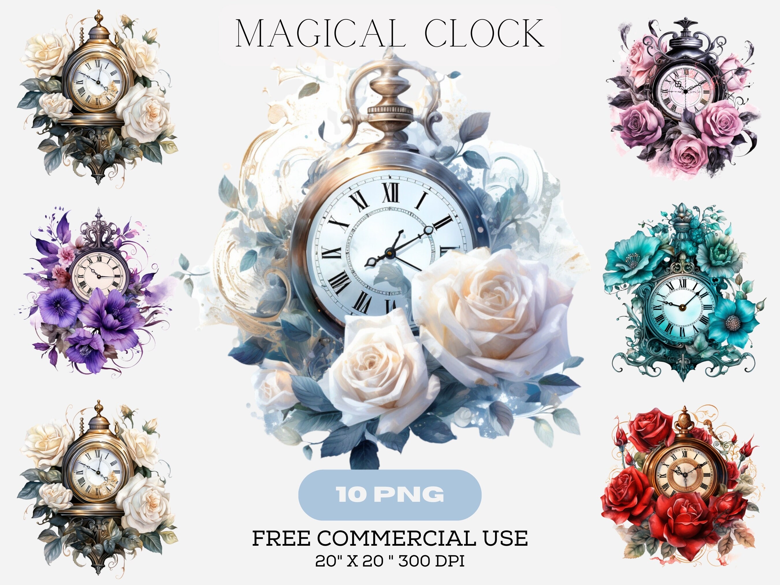Watercolor Floral Clocks Clipart Cute Rustic Floral in PNG Format ...