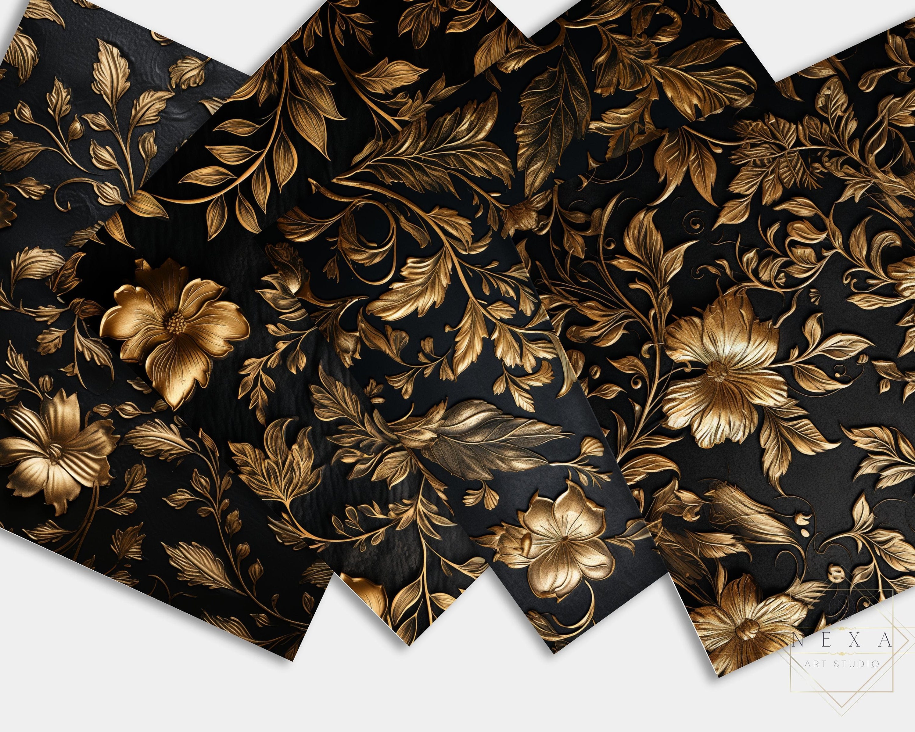 Black and Gold Digital Paper, Black and Gold Scrapbook Paper,leaves ...