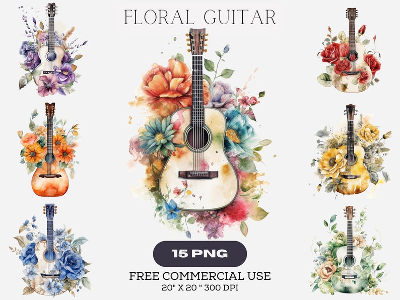 Floral Guitars Clipart Watercolor PNG, Cute Guitar Digital Print ...