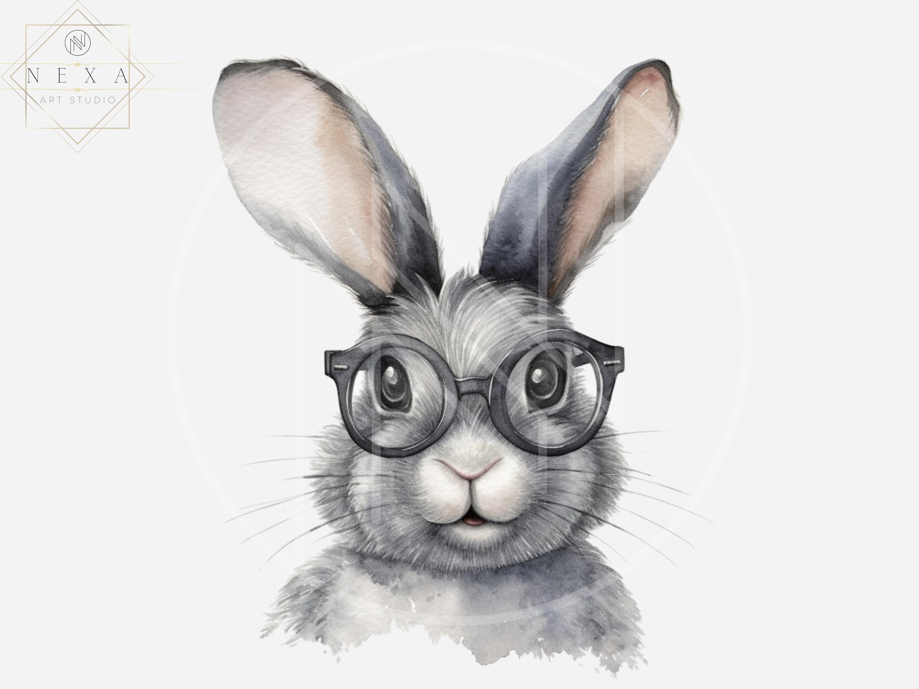 Watercolor Cute Bunny With Glasses Art for Paper Crafting, Digital ...