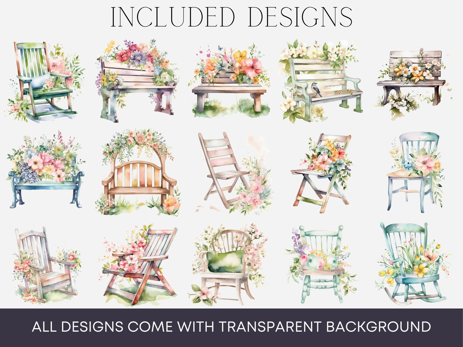Spring Benches Clipart, Cottage Clip Art, PNG, Digital Watercolor, Free ...