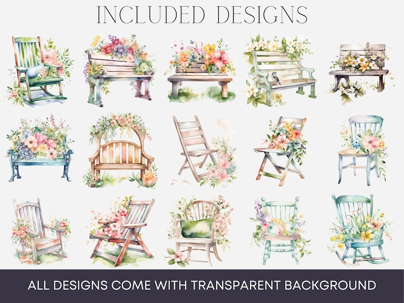 Spring Benches Clipart, Cottage Clip Art, PNG, Digital Watercolor, Free ...