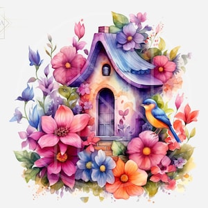 Watercolor Bird Houses Clipart, Springtime Cute Birdhouses and Blossoms ...