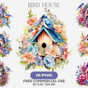 Watercolor Bird Houses Clipart, Springtime Cute Birdhouses and Blossoms ...