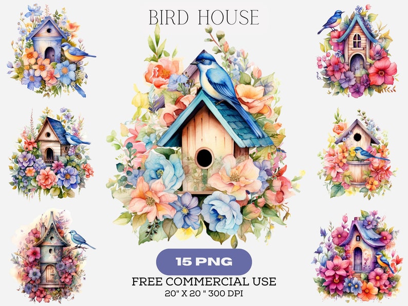 Watercolor Bird Houses Clipart, Springtime Cute Birdhouses and Blossoms ...