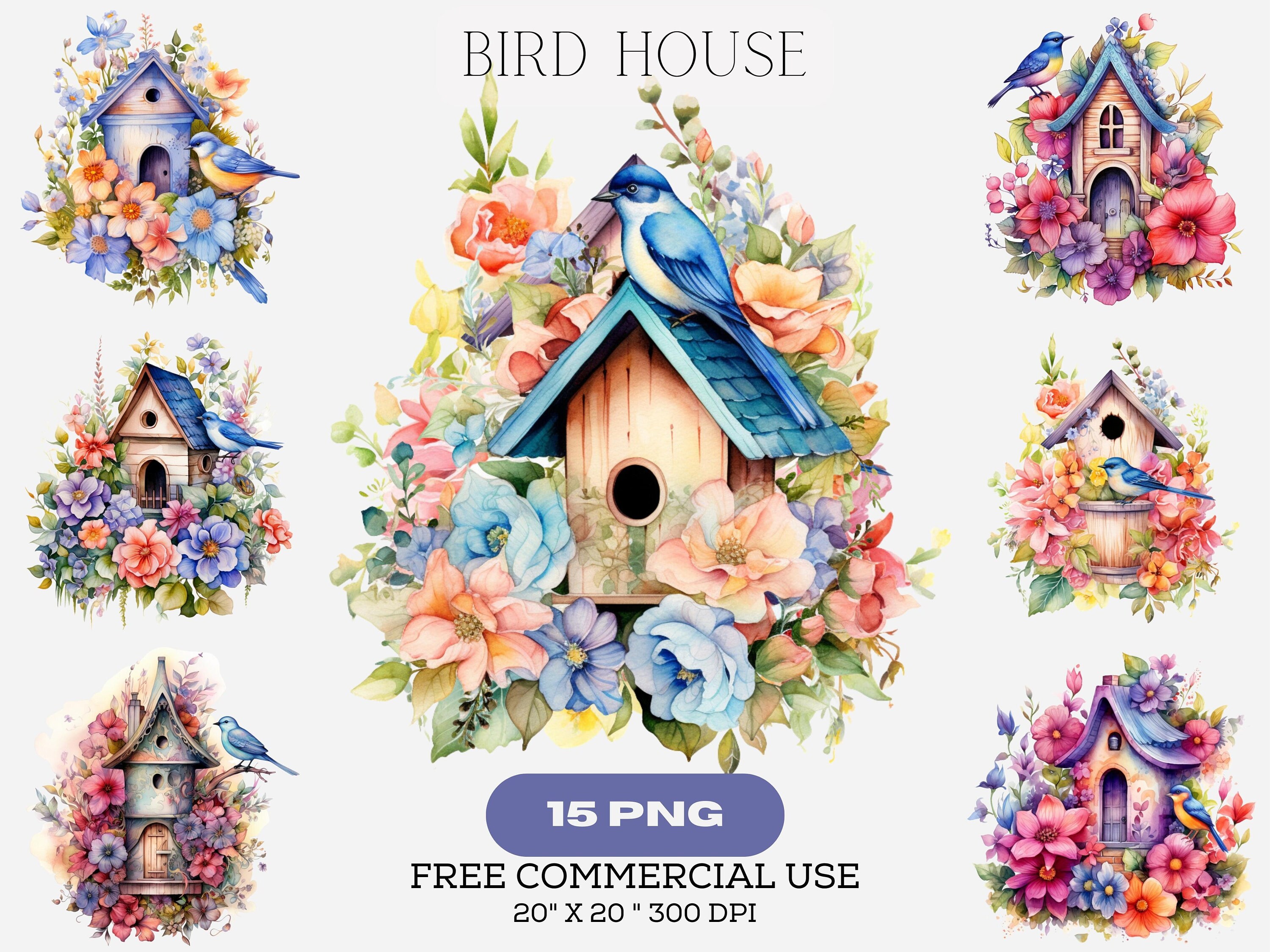 Watercolor Bird Houses Clipart, Springtime Cute Birdhouses and Blossoms ...