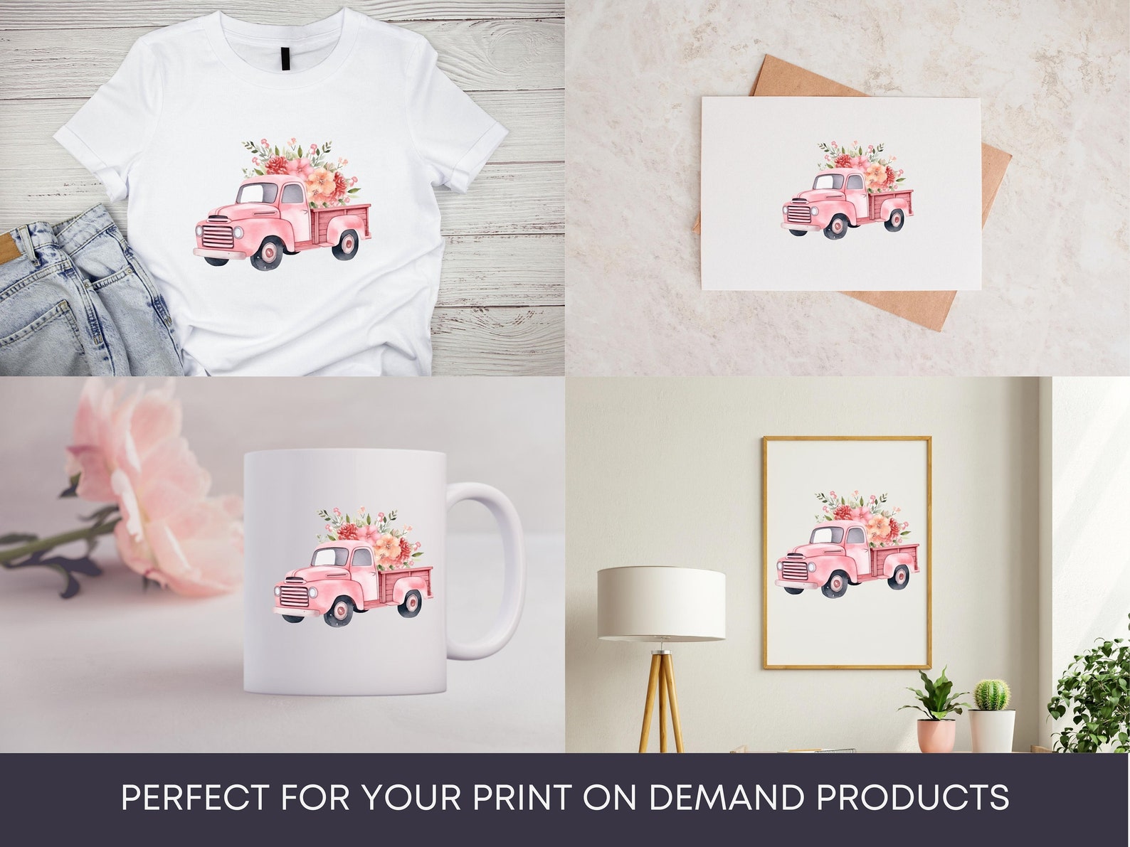 Watercolor Flower Truck Clipart, Pink Truck, Vintage F150 Clipart ...