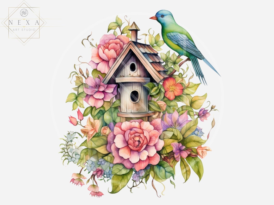 Watercolor Bird Houses Clipart, Springtime Cute Birdhouses and Blossoms ...