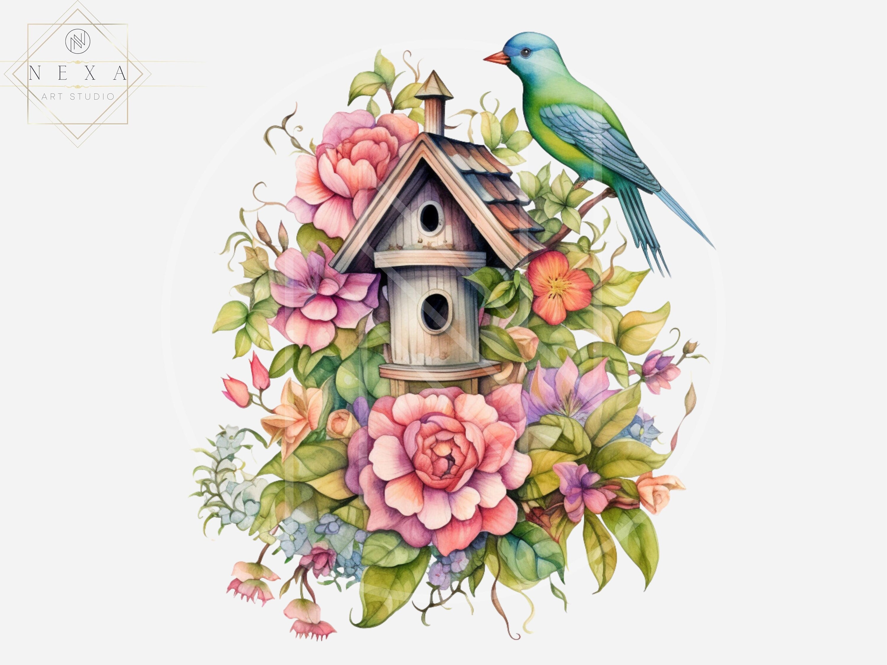 Watercolor Bird Houses Clipart, Springtime Cute Birdhouses and Blossoms ...