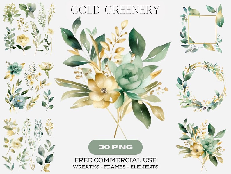 Green and Gold Foliage Clipart, Greenery Frames, Bouquets, Wreath ...