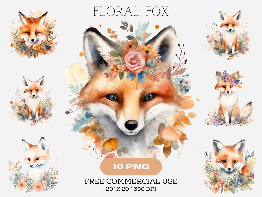 Floral Fox Clipart PNG Watercolor Woodland Animal Nursery Girl, Fox ...