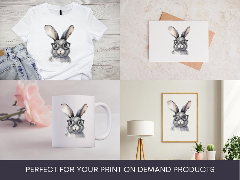 Watercolor Cute Bunny With Glasses Art for Paper Crafting, Digital ...