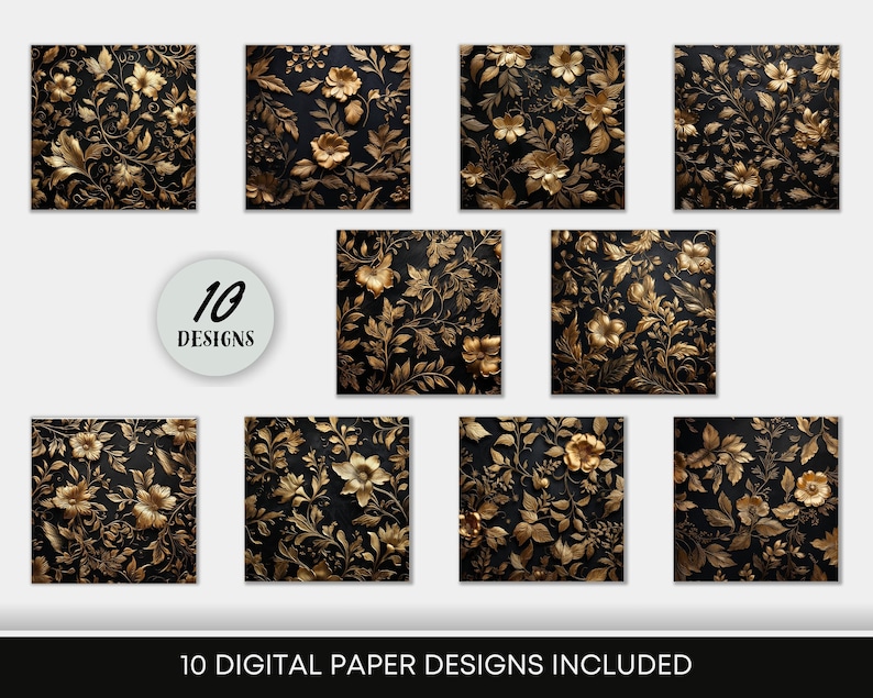 Black and Gold Digital Paper, Black and Gold Scrapbook Paper,leaves ...